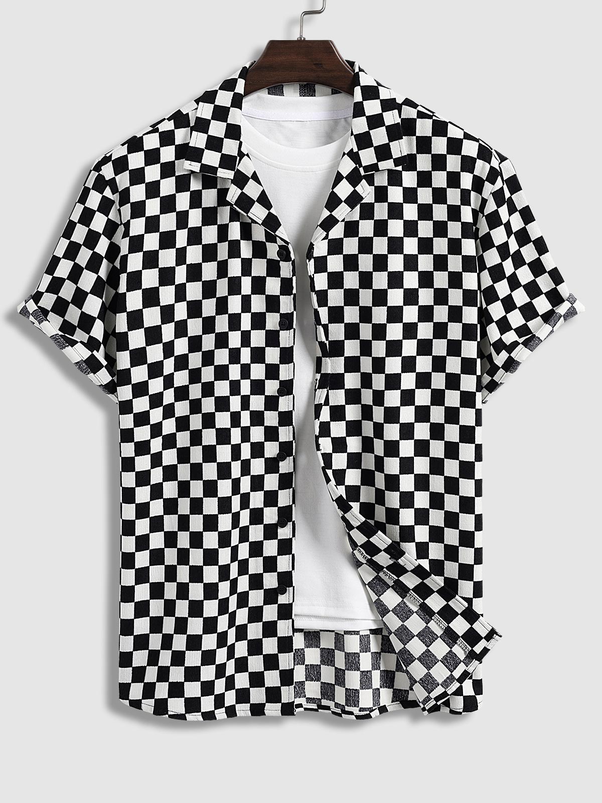 Men's Black and White Checkerboard Corduroy Short Sleeve Shirt – Troboy