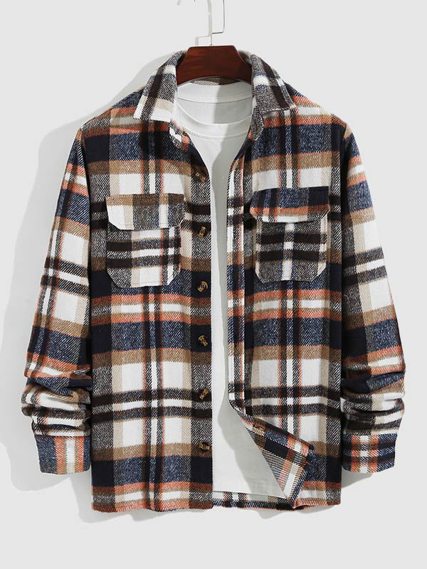 Men's vintage plaid thickened wool blend double pocket lapel jacket ...